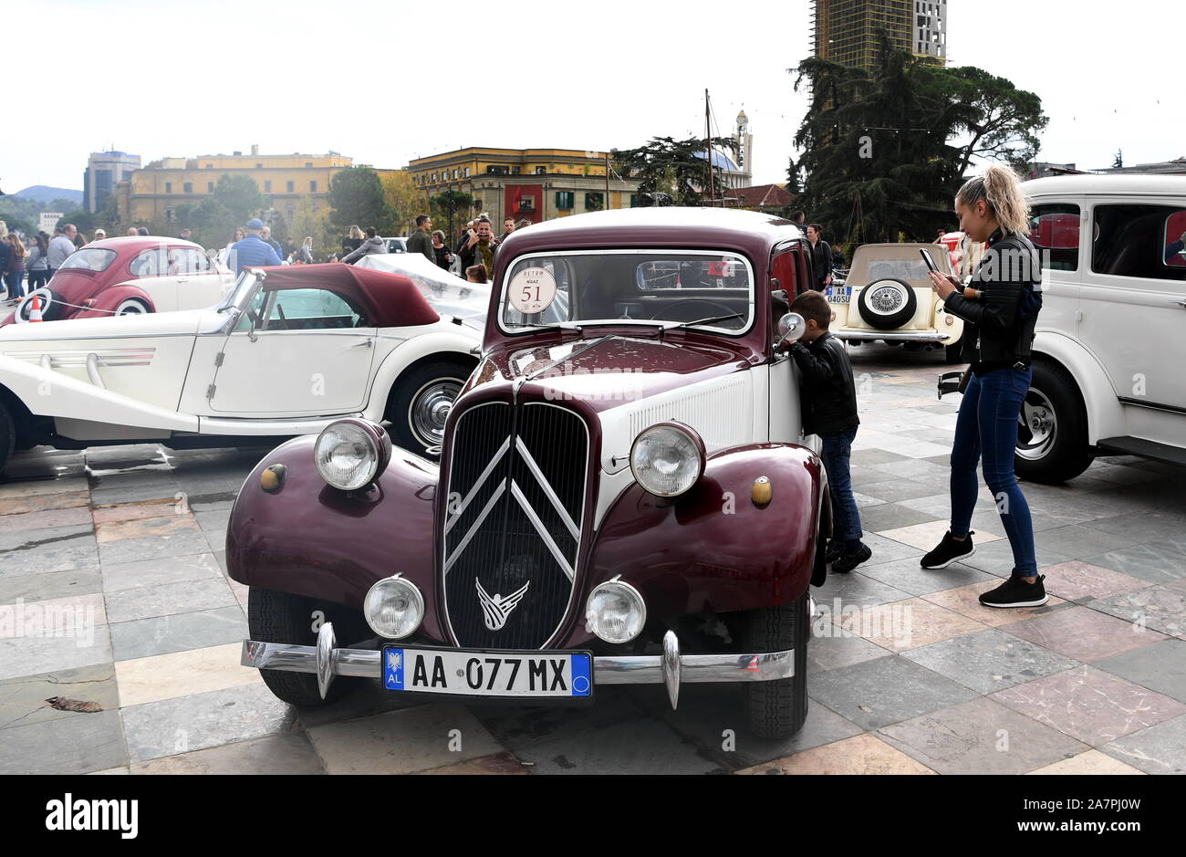 Tirana, Albania. 3rd Nov, 2019. Visitors attend a classic vehicle show ...