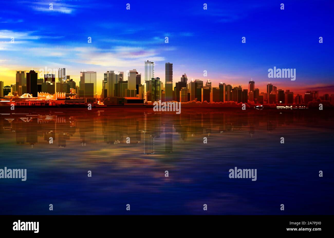 abstract gold sunrise background with blue sky and panorama of ...