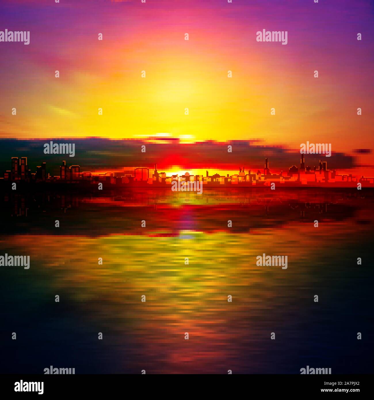 abstract red sunset background with dark clouds and silhouette of city ...