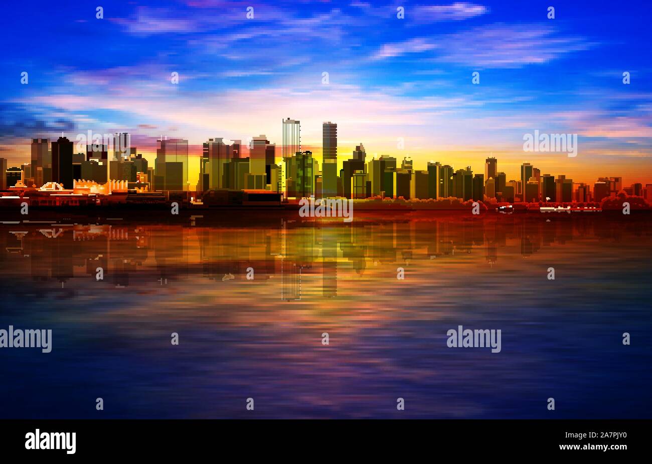 abstract spring background with gold sunrise blue sky and panorama of ...