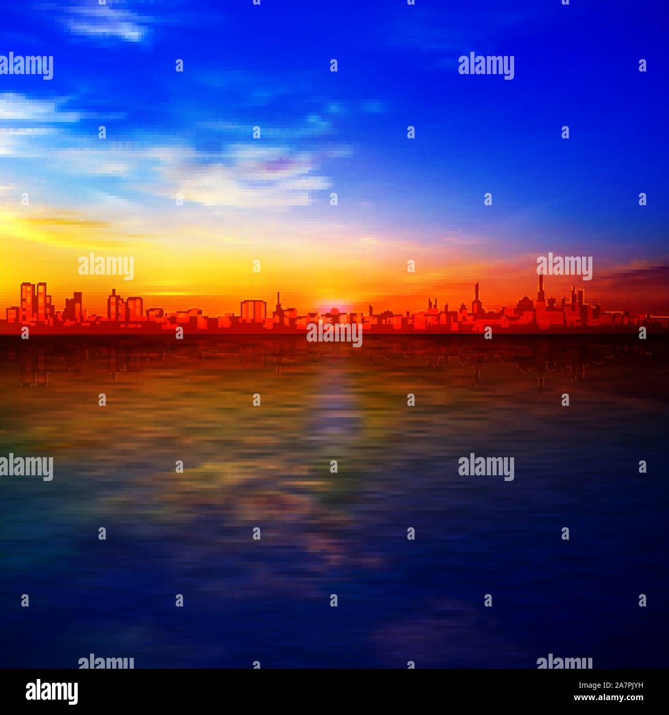 abstract gold sunrise background with blue sky and silhouette of city ...