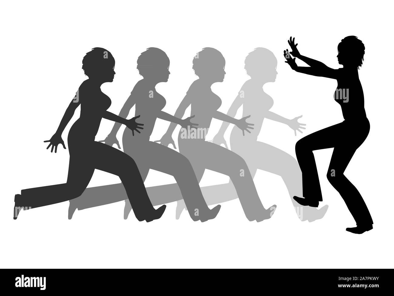 Concept illustration of woman who is forcing herself from rushing and ...