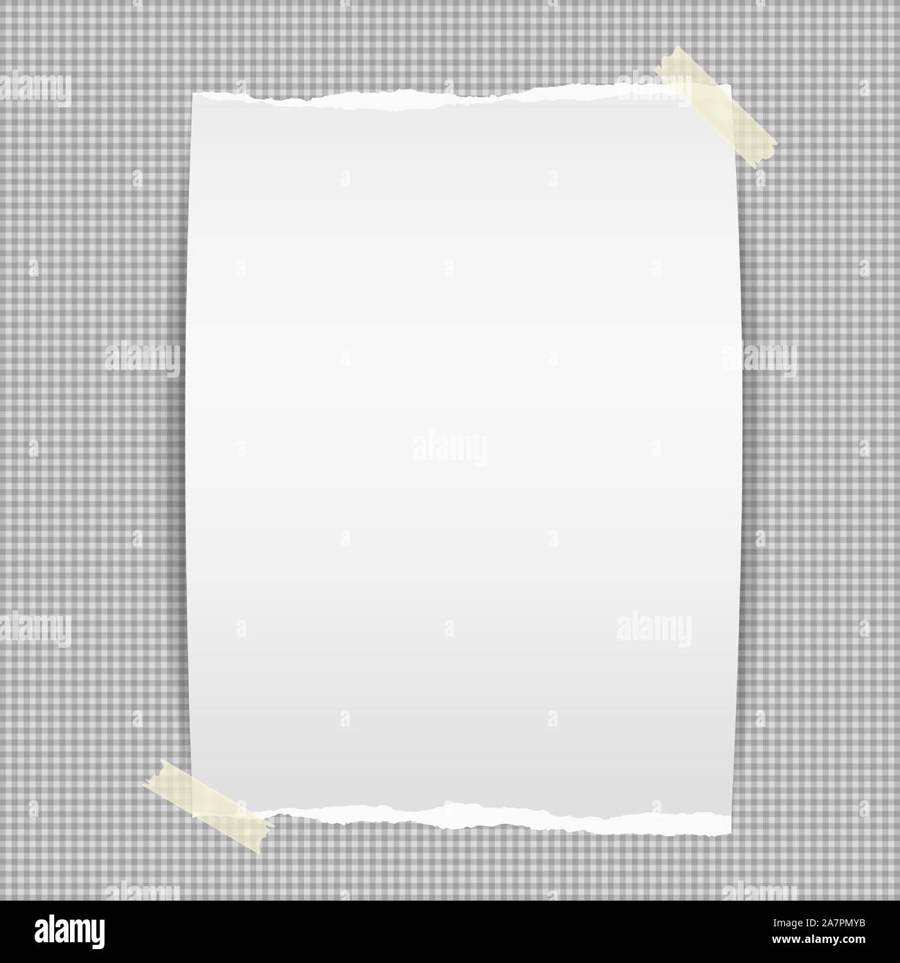 Torn white, blank note, notebook paper piece stuck with sticky tape on ...