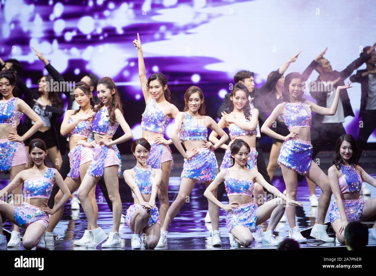 Contestants pose during the 2019 Miss Macau Pageant contest in Macau ...