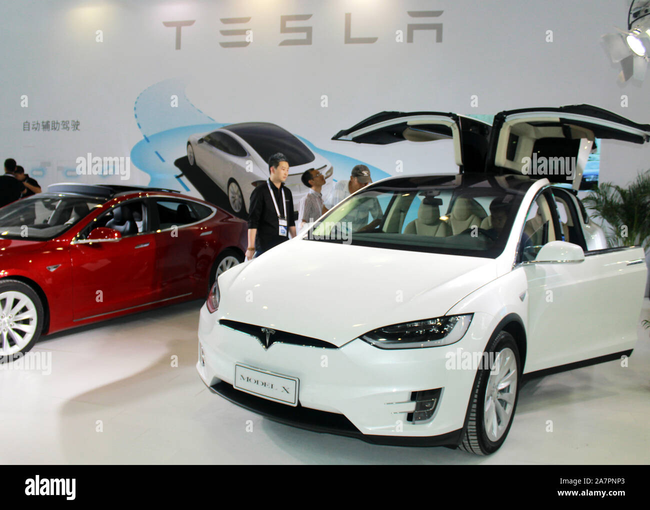 --FILE--People visit the stand of Tesla during an automobile exhibition ...