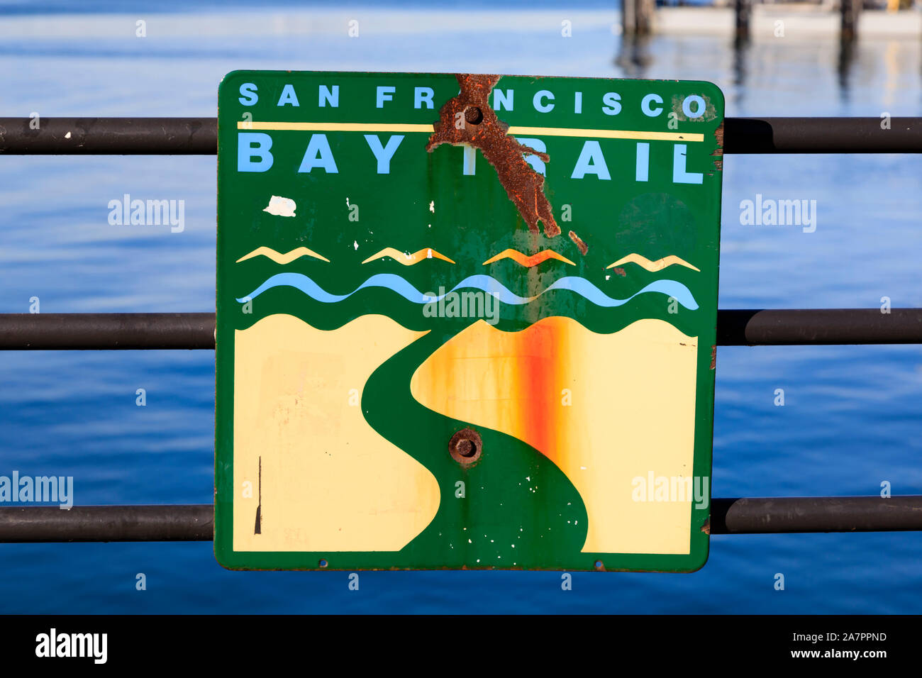 San Francisco Bay Trail sign on railings, Jack London Square, Oakland ...