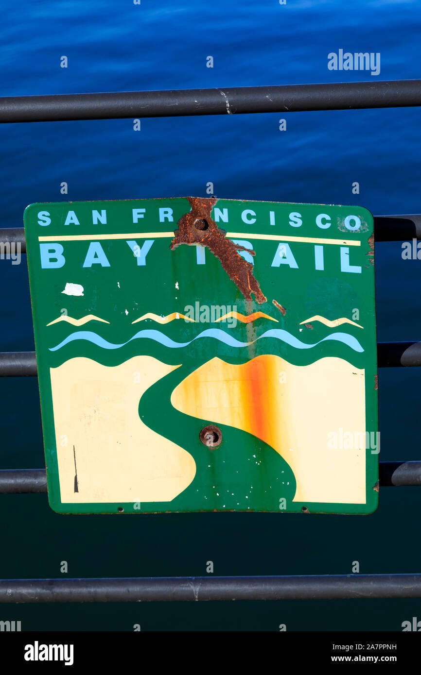 San Francisco Bay Trail sign on railings, Jack London Square, Oakland ...