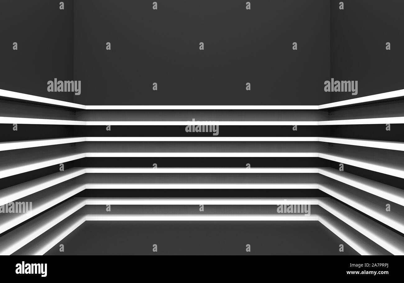 3d rendering. modern parallel gray panels pattern on dark corner room ...
