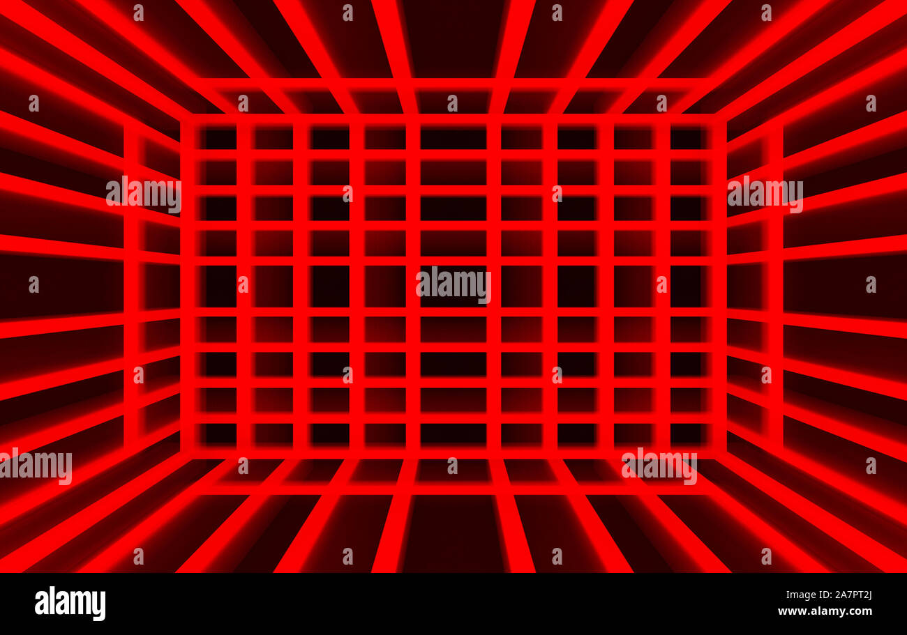 3d rendering. Red light panel square on dark wall room background Stock ...