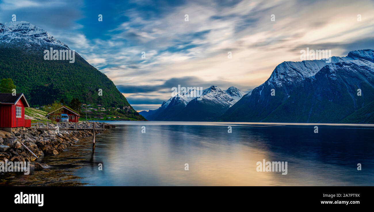 nature scenarios in Saebo, inside the Hjorundfjorden, Norway Stock ...