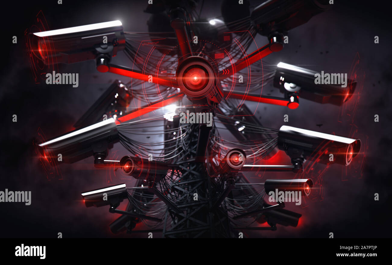 Tower or pylon with many cctv cameras scanning nearby people faces, car ...