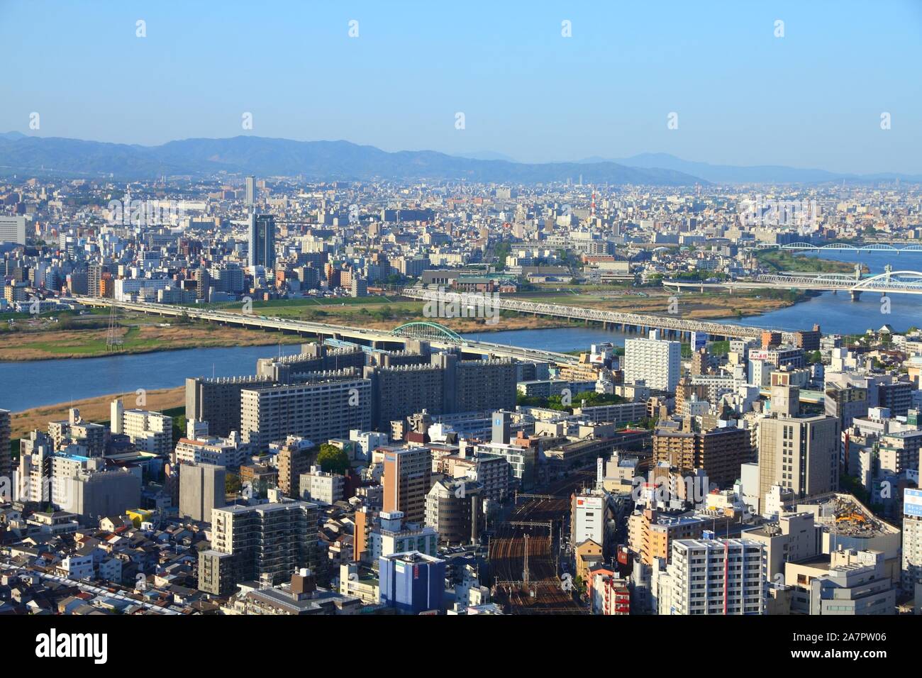 OSAKA, JAPAN - APRIL 27, 2012: Cityscape view in Osaka, Japan. Osaka is ...