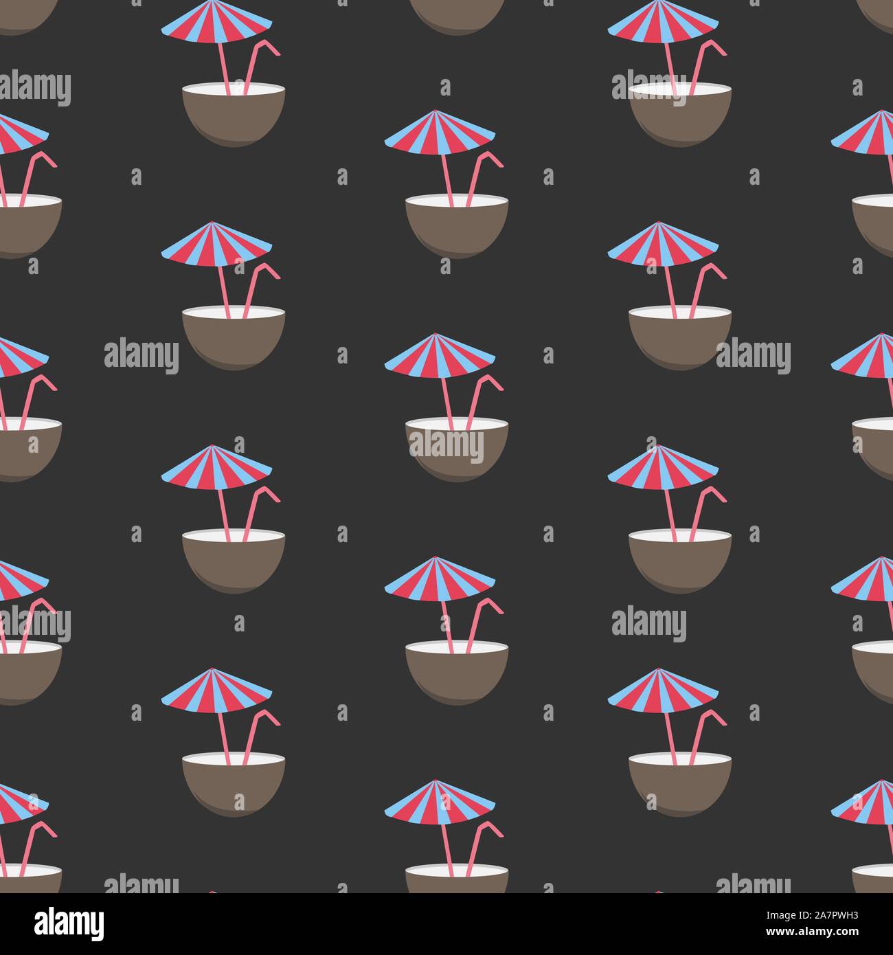 Seamless Pattern with half coconut drink, tube and umbrella, polka dot ...