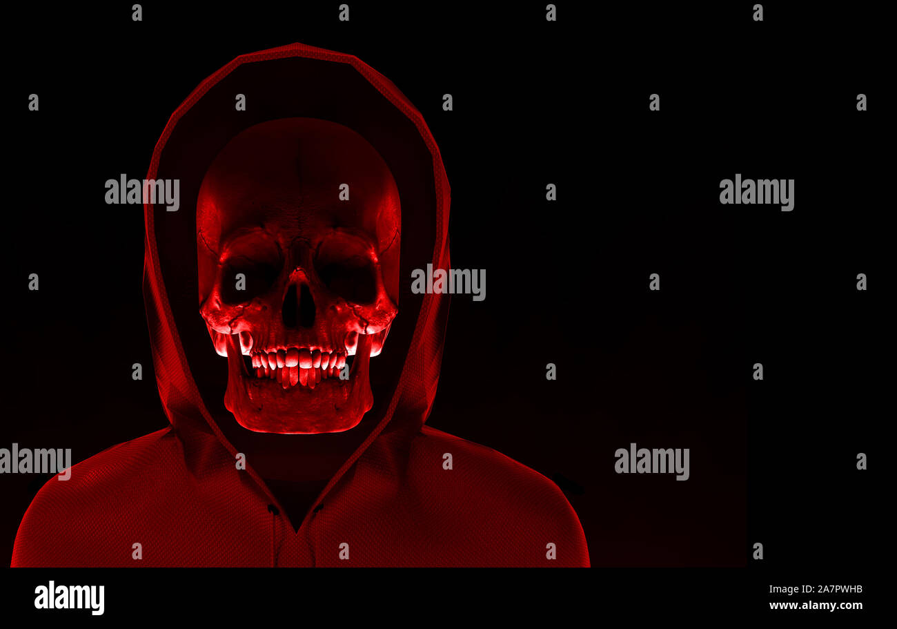 3d rendering. red Ghost head skull in Black Hood jacket with clipping ...