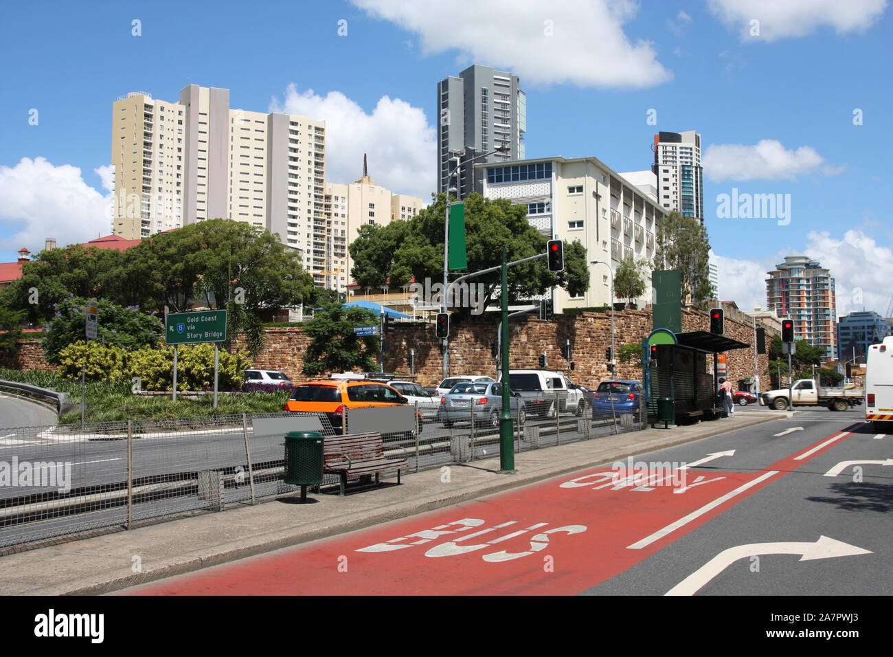 Brisbane, Australia - city street view with skyscrapers in background ...