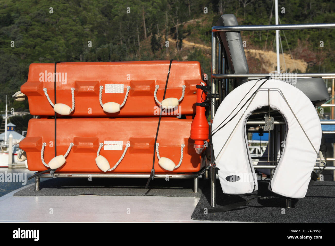 Small passenger ferry - life raft and life jacket. Marine rescue ...
