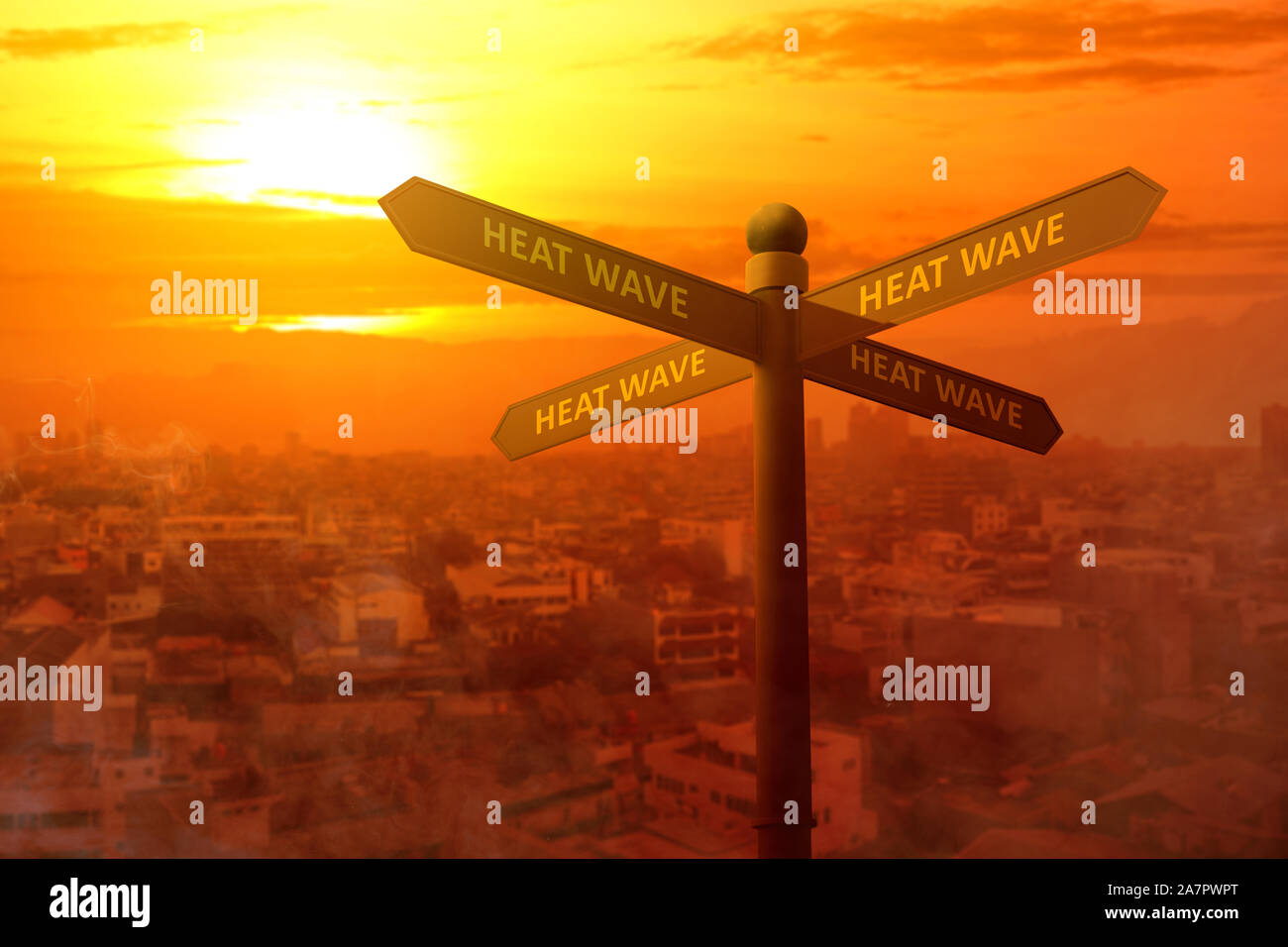 Signpost with a heatwave text direction on the city with the glowing ...
