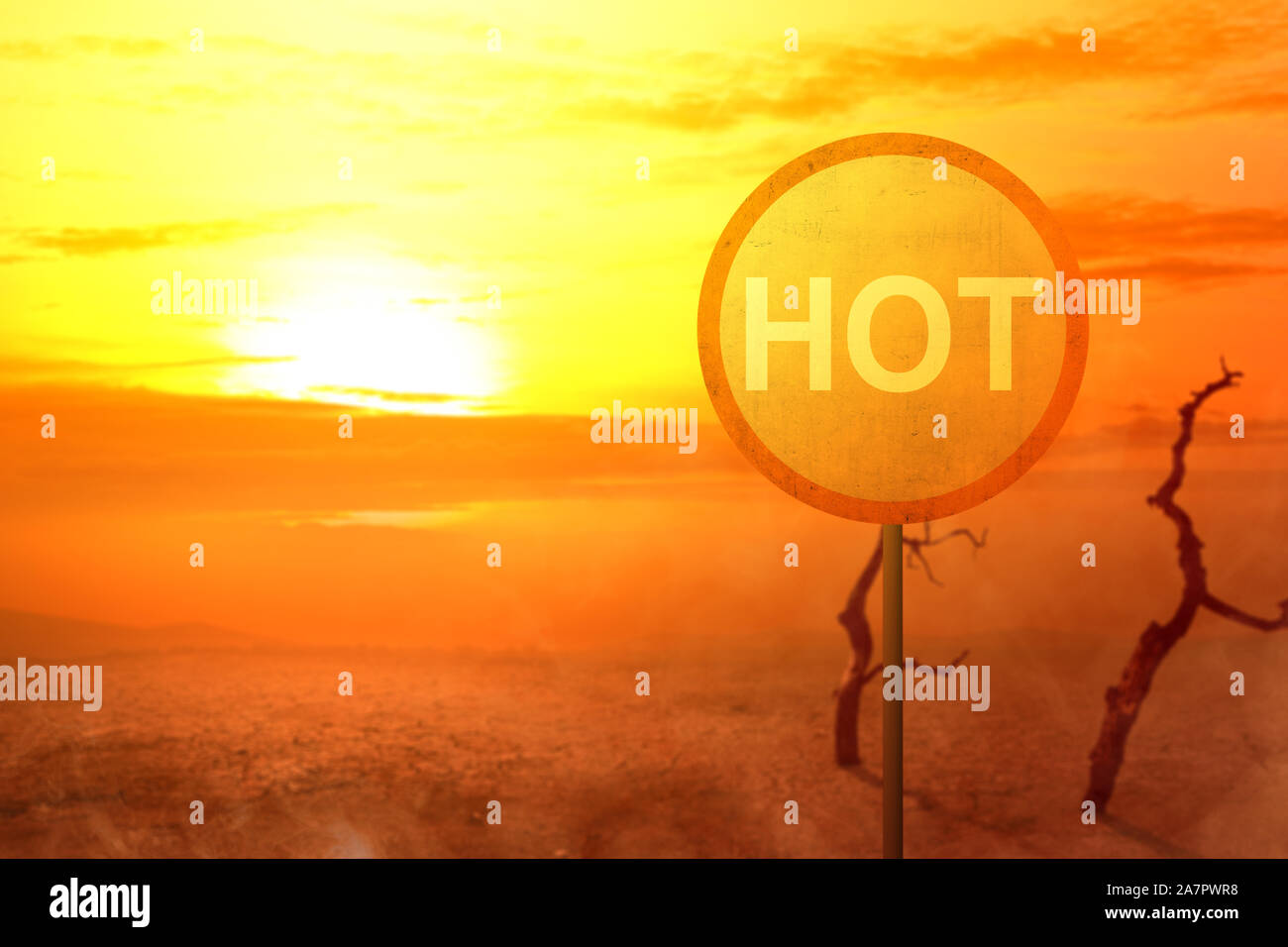 Circle signpost with hot text on the desert with dead trees and glowing ...