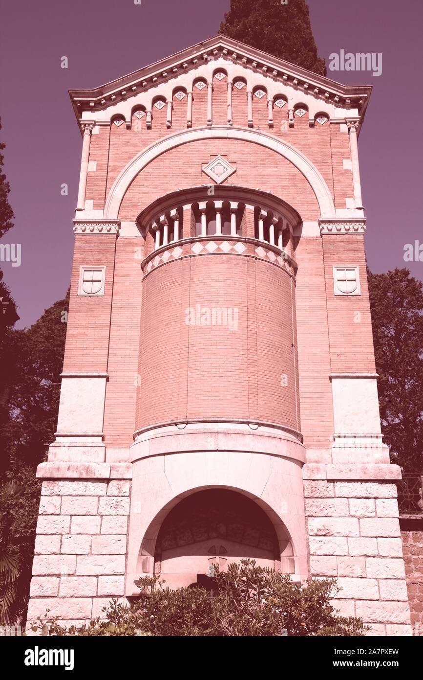 Monumental grave in Campo Verano cemetery, Rome, Italy. Cross processed ...
