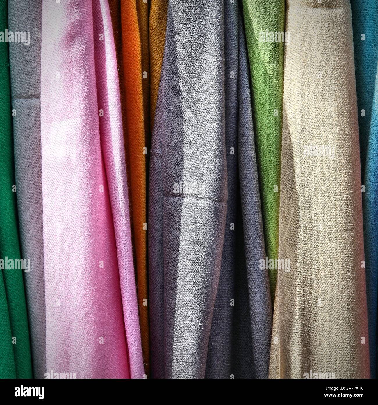 Colorful textiles at a market in Italy. Colors of cloth material Stock ...