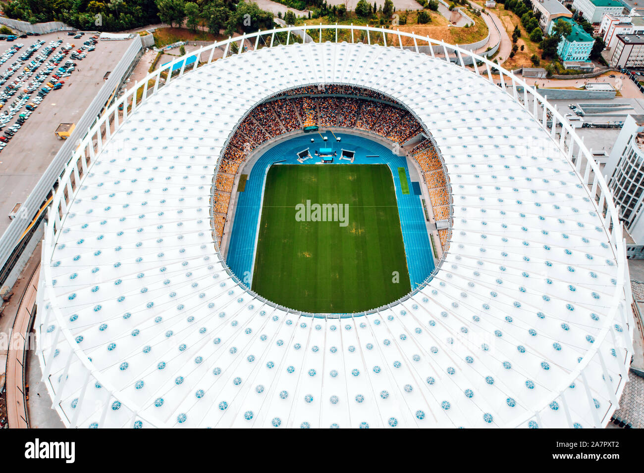 KIEV, UKRAINE - JULY 30, 2019: Aerial view of the Olympic Stadium and ...