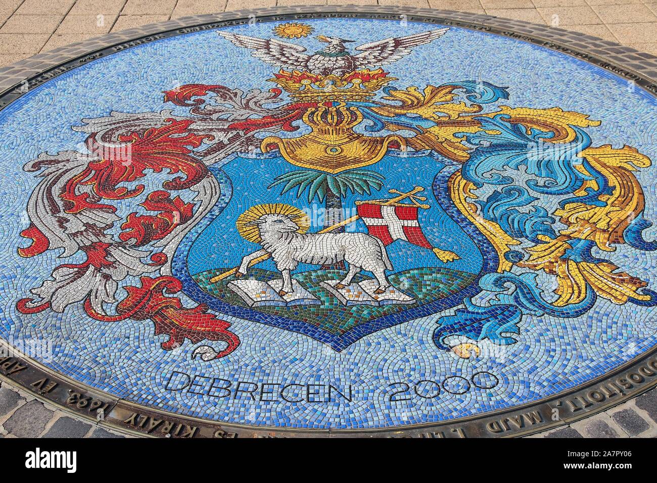 DEBRECEN, HUNGARY - AUGUST 26, 2012: City emblem mosaic art in Debrecen ...