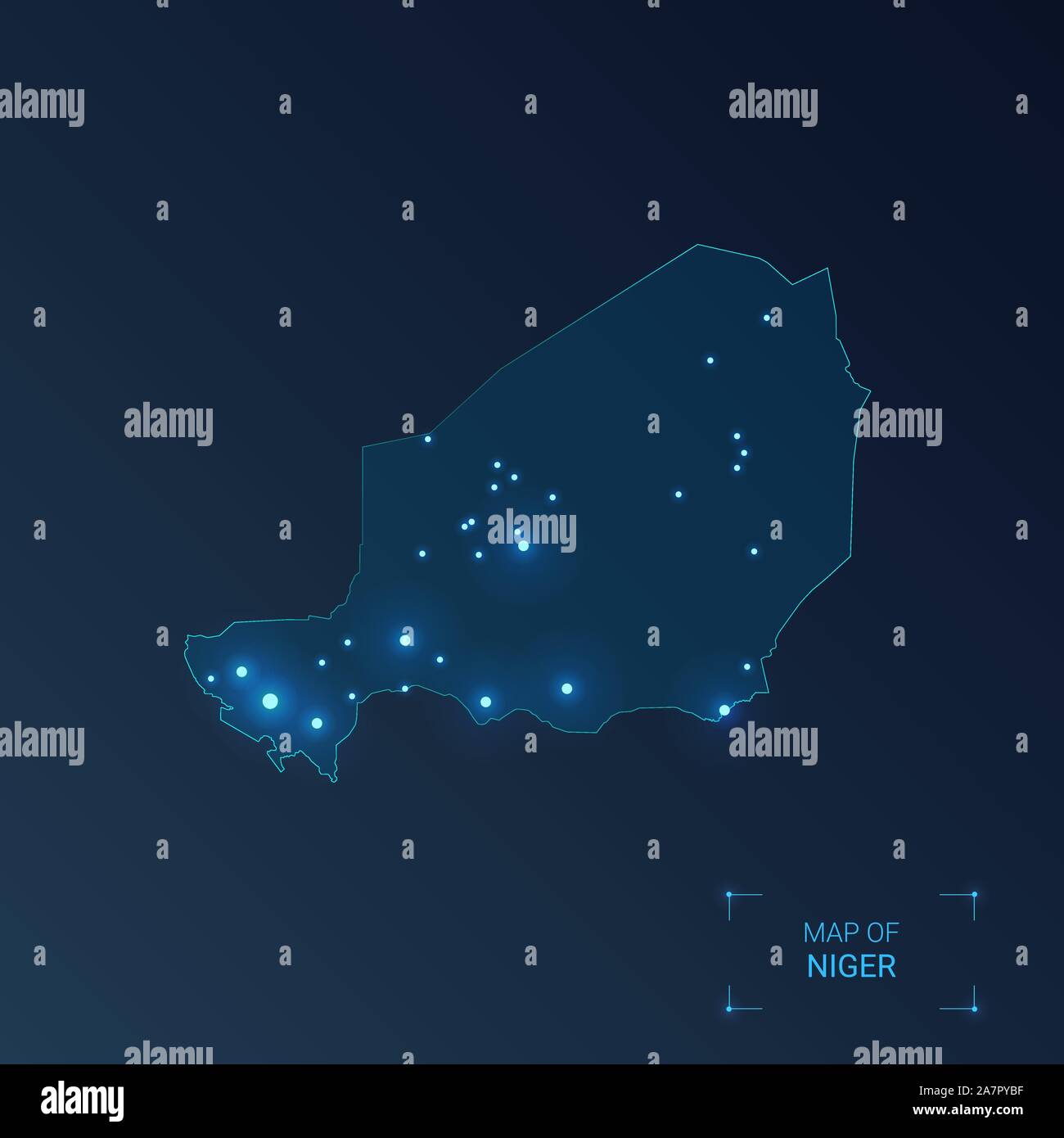 Niger map with cities. Luminous dots - neon lights on dark background ...