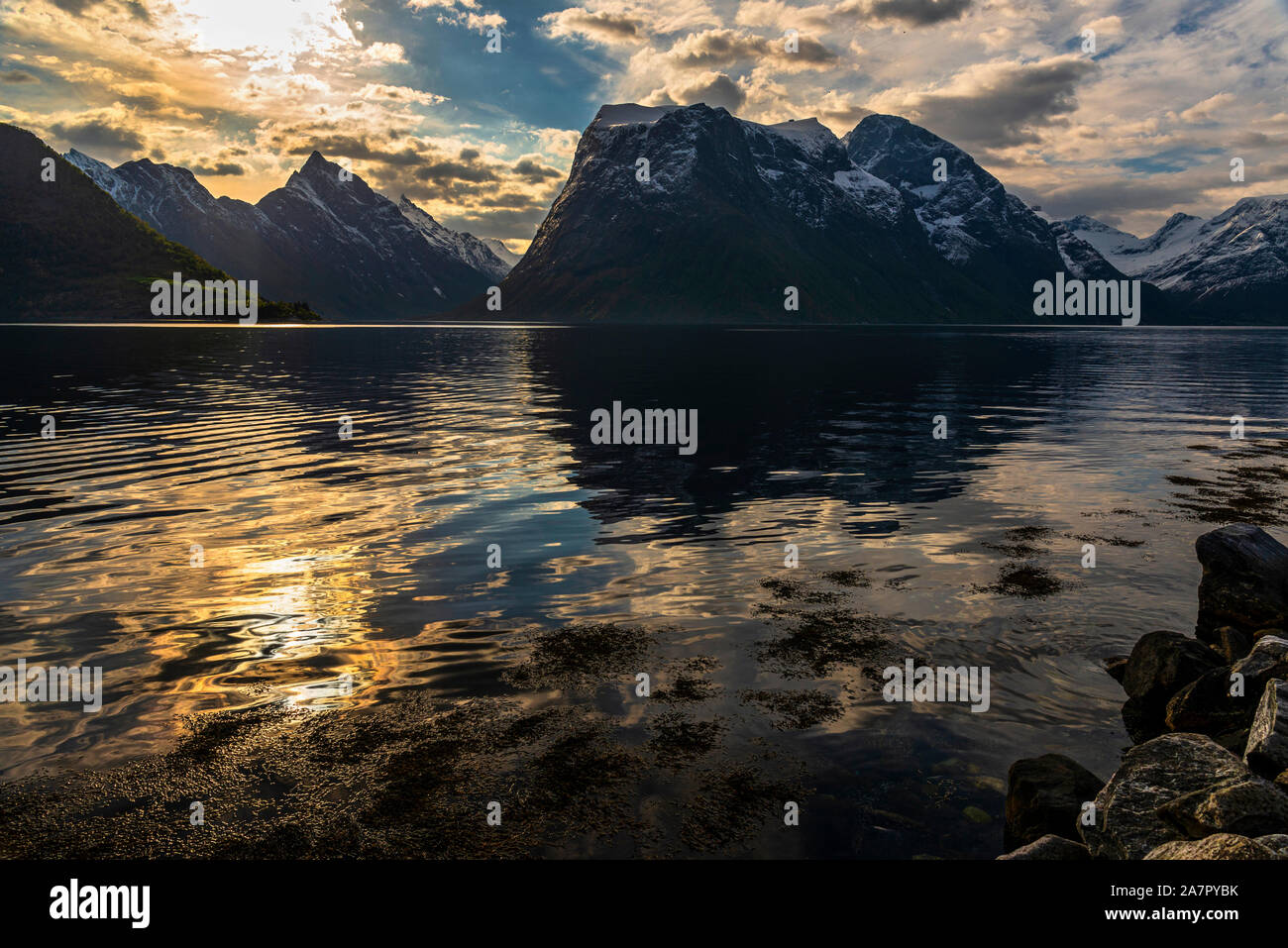 nature scenarios in Saebo, inside the Hjorundfjorden, Norway Stock ...