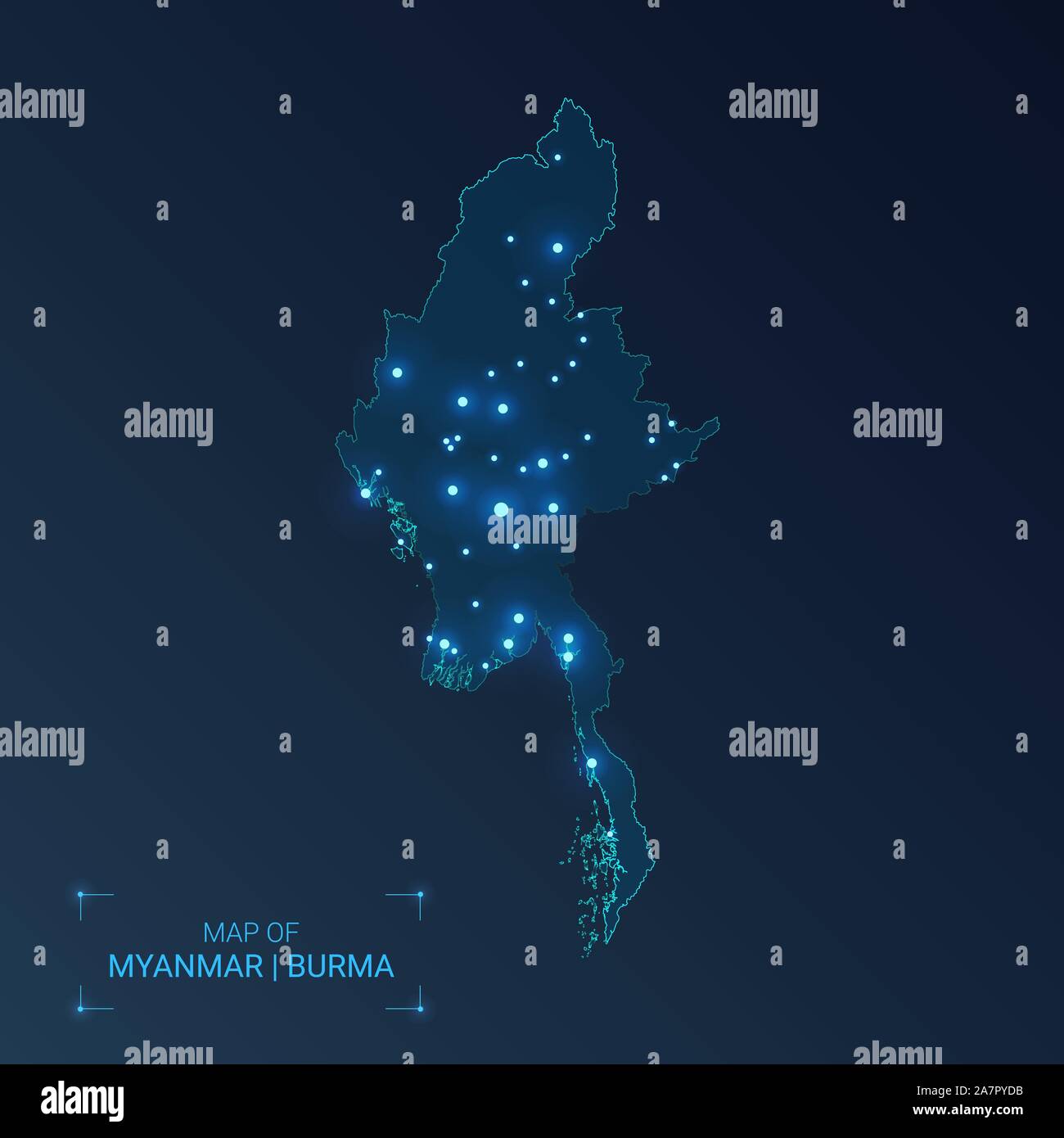 Myanmar Burma map with cities. Luminous dots - neon lights on dark background. Vector ...