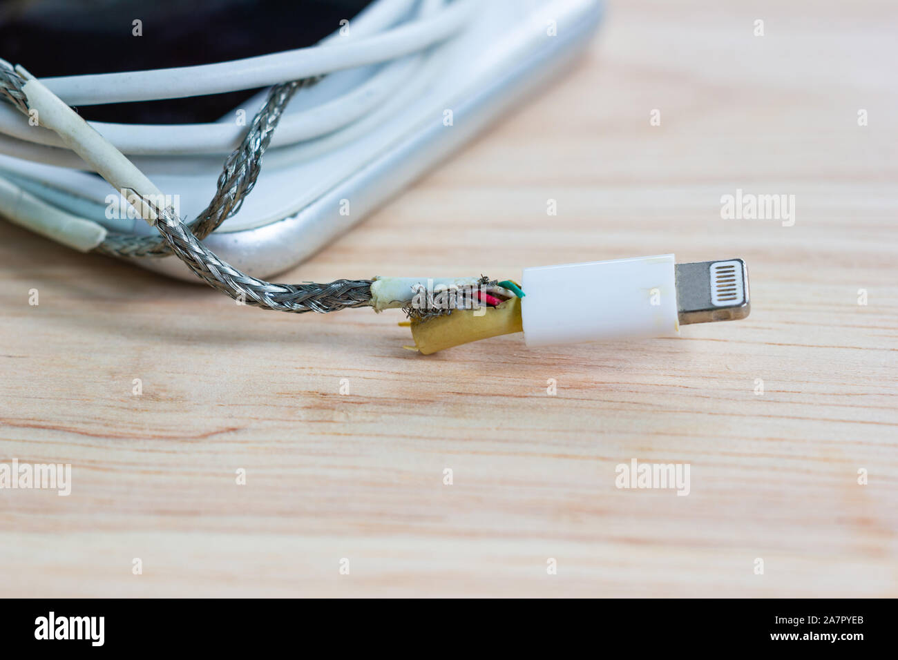 unsafe cable Phone Charger Lack of damage on white background Stock ...