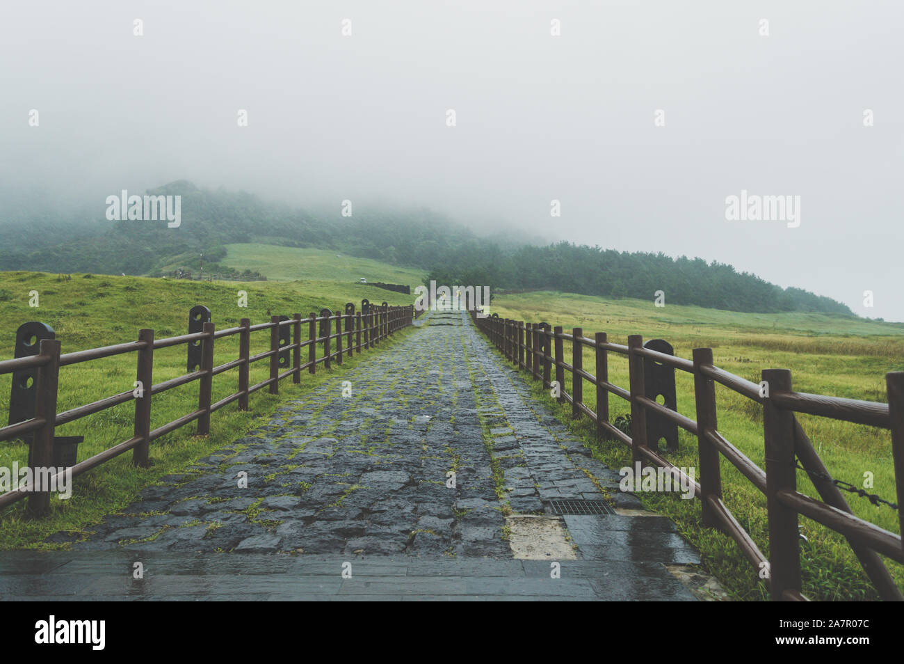 stone pathway to Seongsan Ilchulbong on jeju island on gloomy rainy day ...