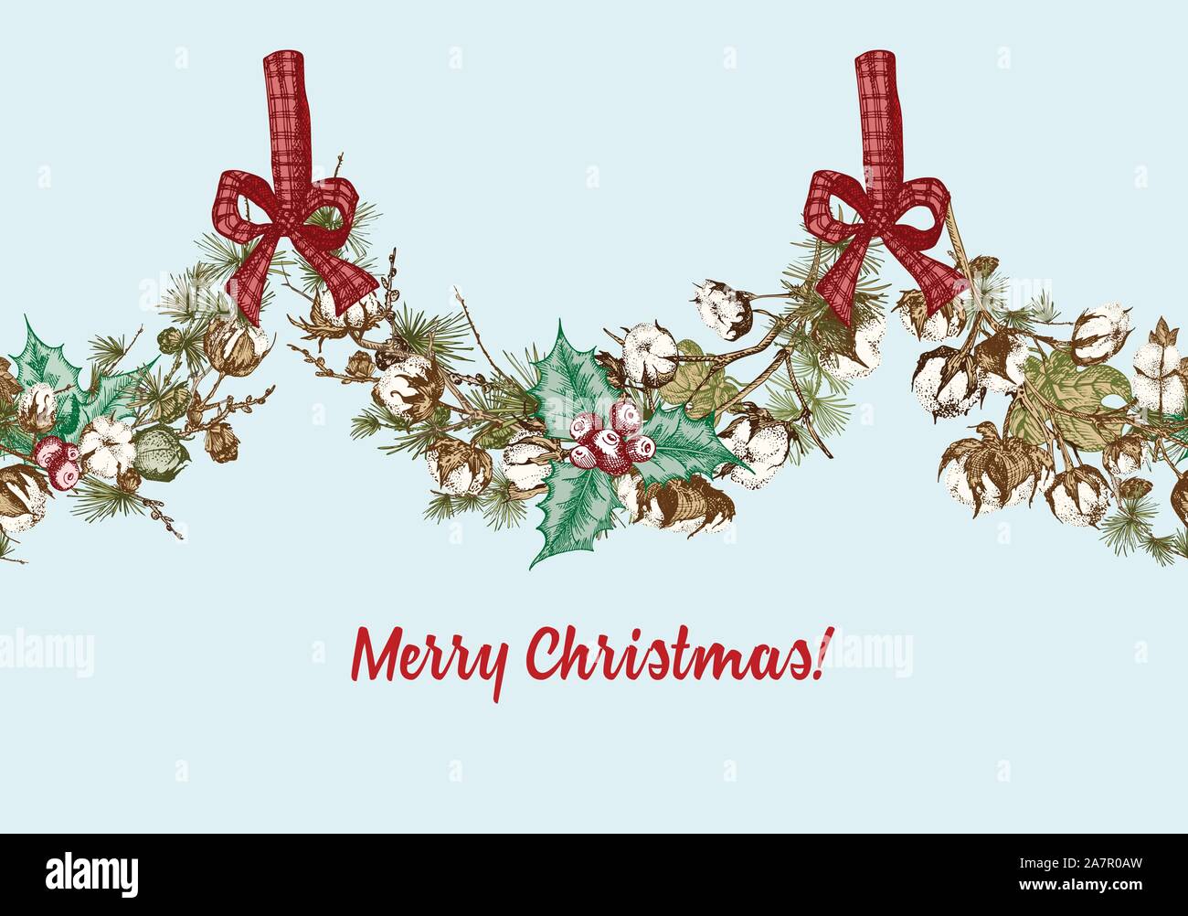 Hand drawn botanical sketch garland with color christmas plants Vintage ...