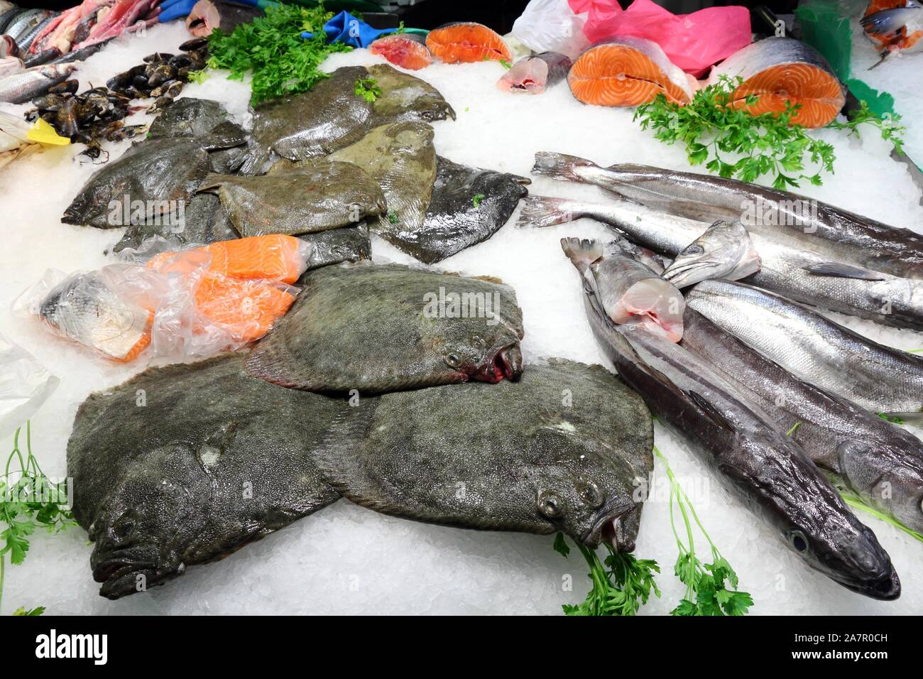 Fish market in Barcelona, Spain. Fresh seafood of La Boqueria Stock ...