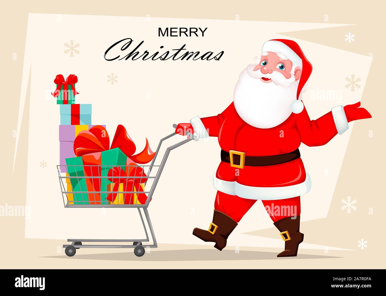 Merry Christmas. Cheerful Santa Claus with shopping cart full of ...