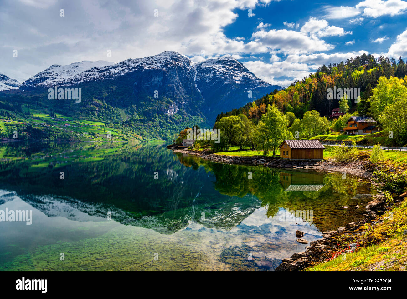 nature scenarios in Saebo, inside the Hjorundfjorden, Norway Stock ...