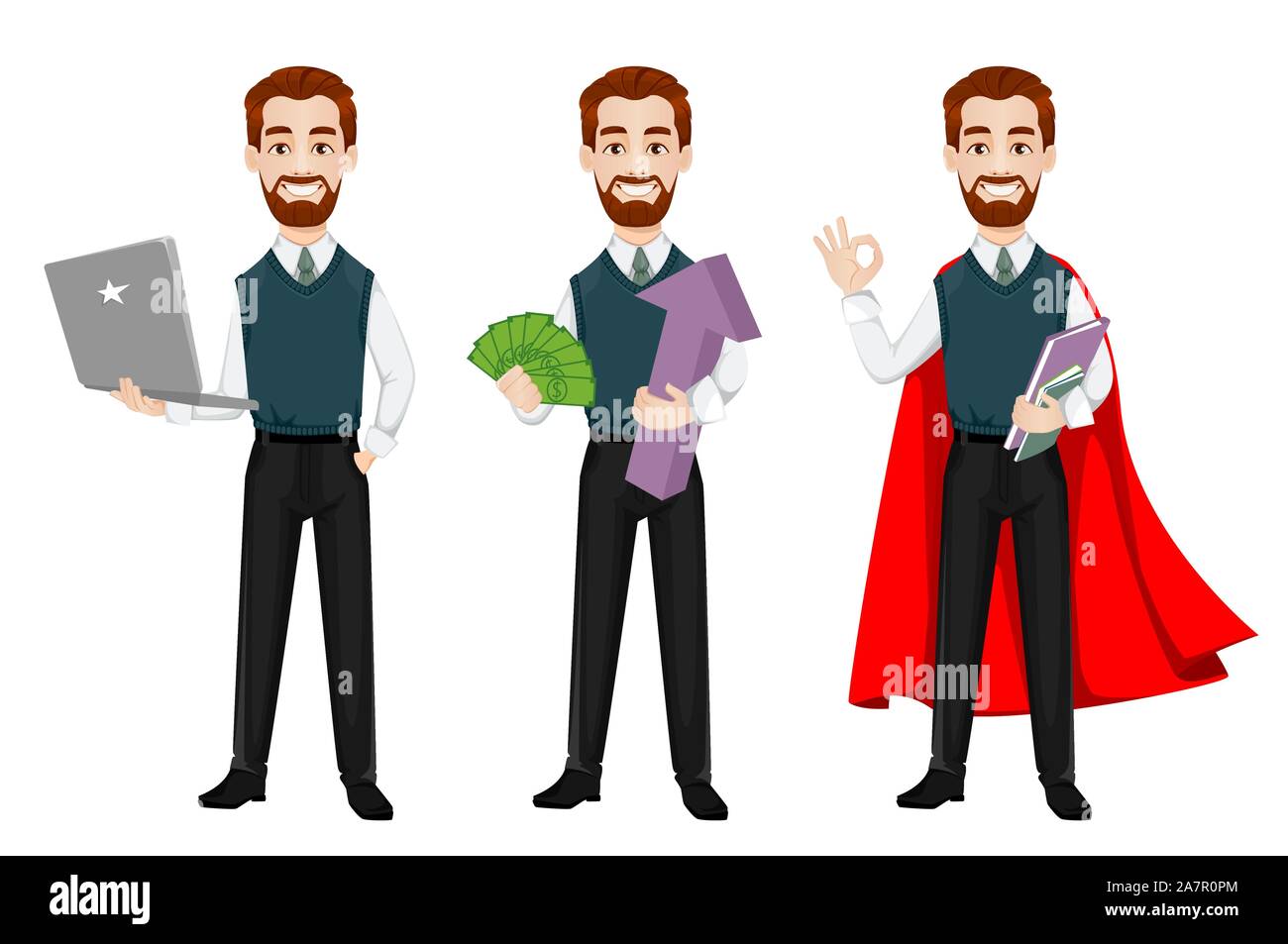Successful business man, set of three poses. Handsome businessman ...