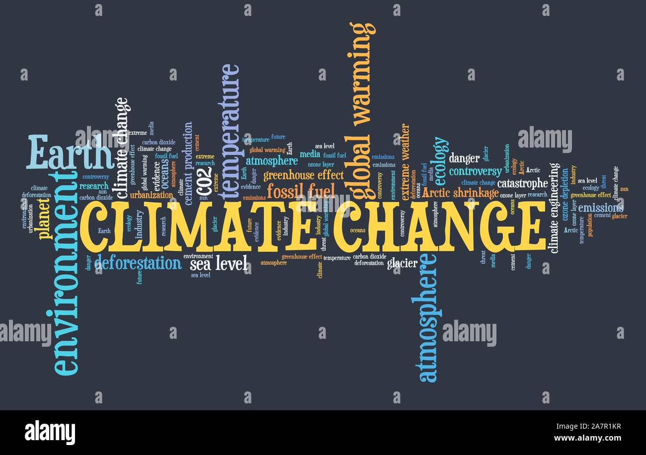 Climate change text cloud. Environment and global warming issues Stock ...