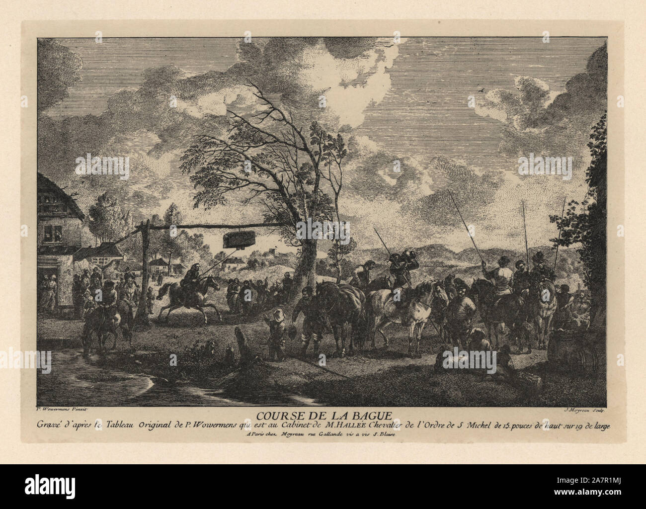 Man on horseback with lance tilting at a ring under a box at a village ...