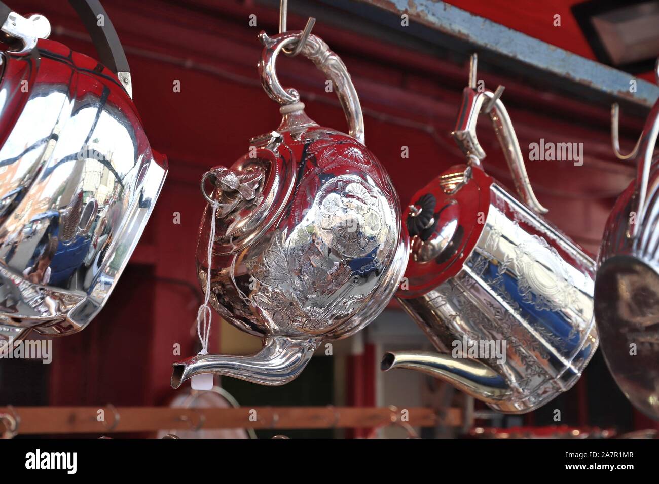 Antique engraved steel teapot at Portobello Road Market in Notting Hill ...
