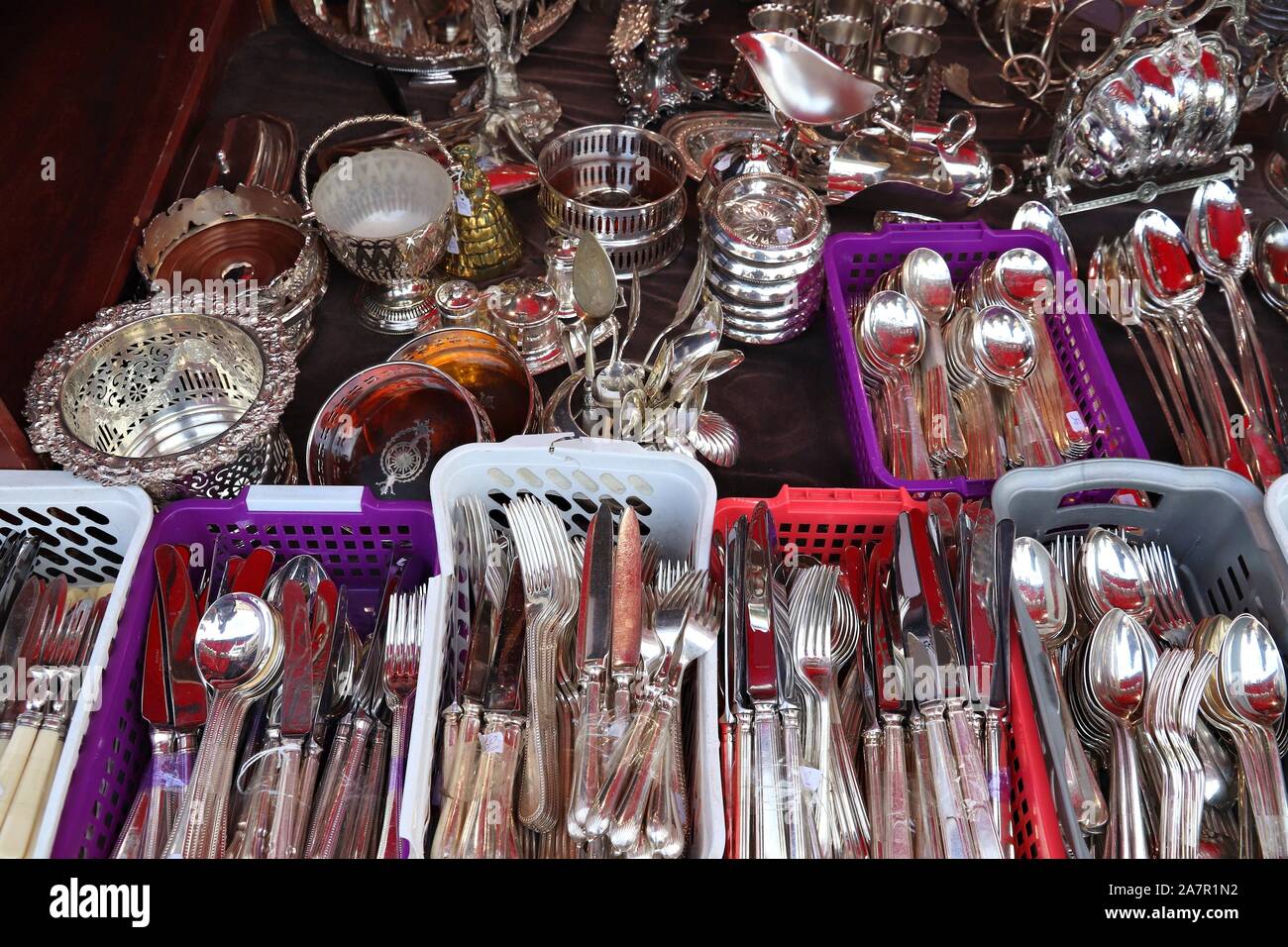 Retro silverware at Portobello Road Market in Notting Hill, London ...
