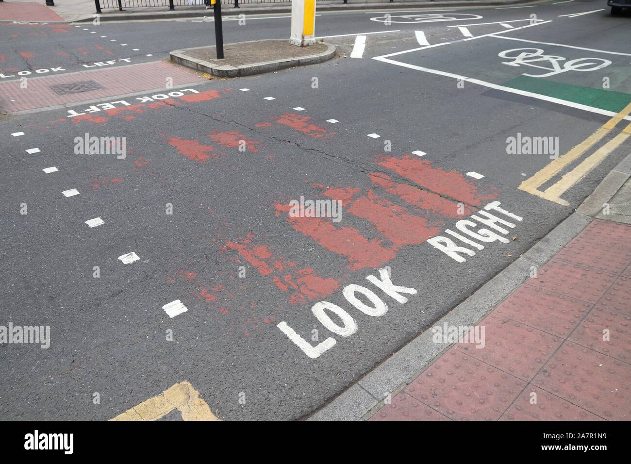 London pedestrian signs - look right and look left. Traffic warning ...