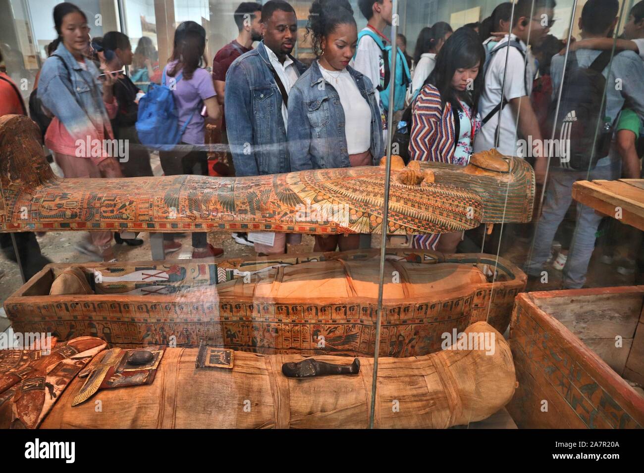 LONDON, UK - JULY 14, 2019: People visit Egyptian mummies in British ...