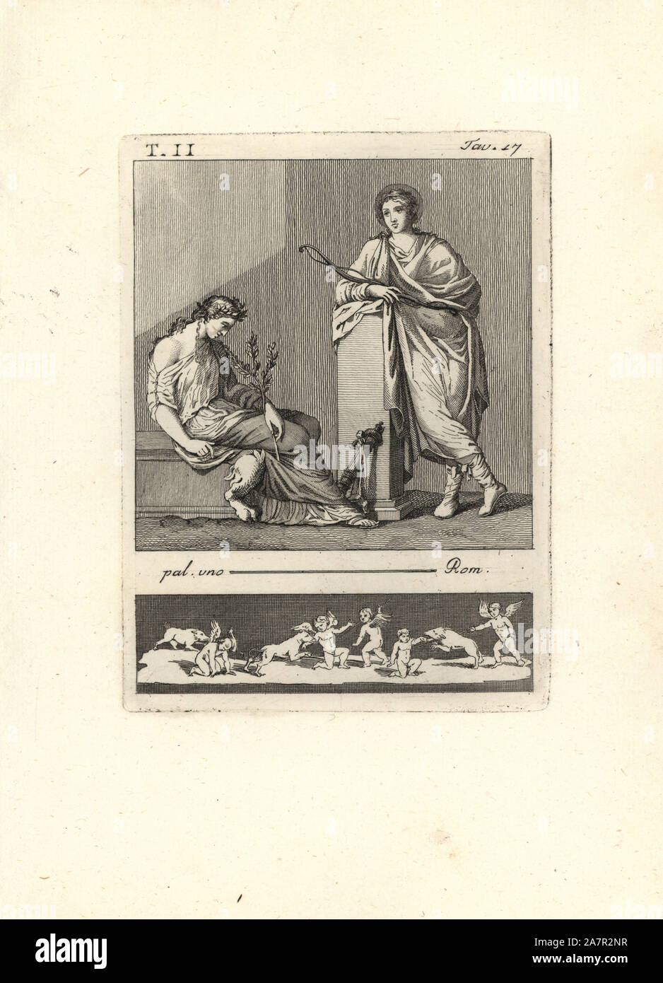 A deity (Apollo?) with halo and bow leans against a pillar. A young ...