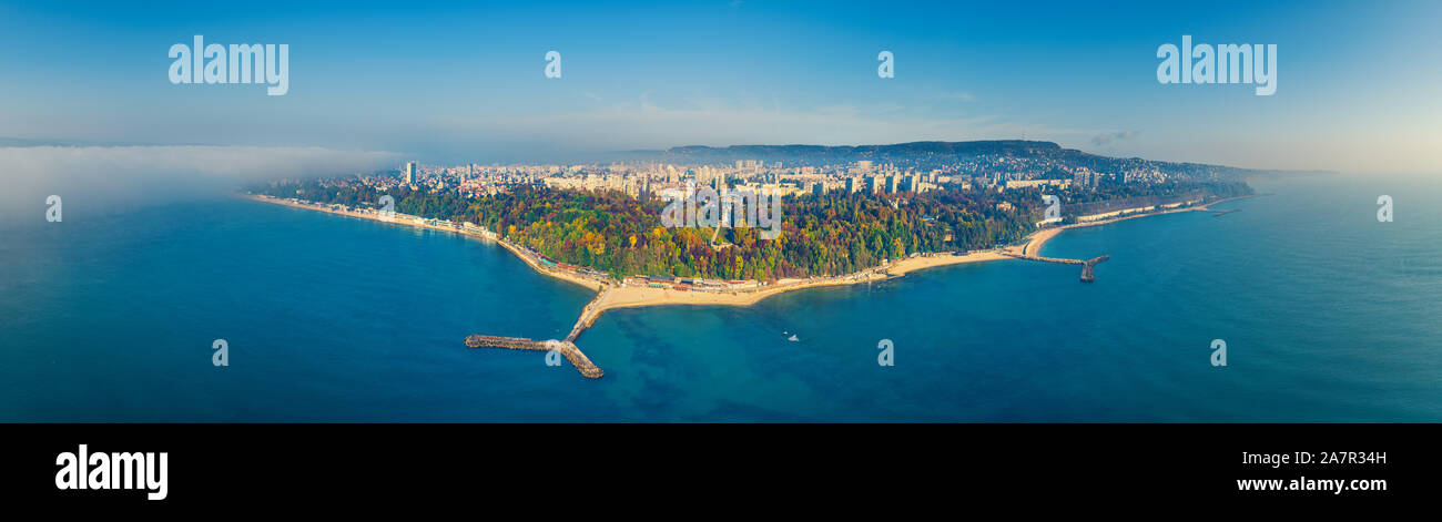 Varna, Bulgaria cityscape, aerial drone view over the city skyline ...