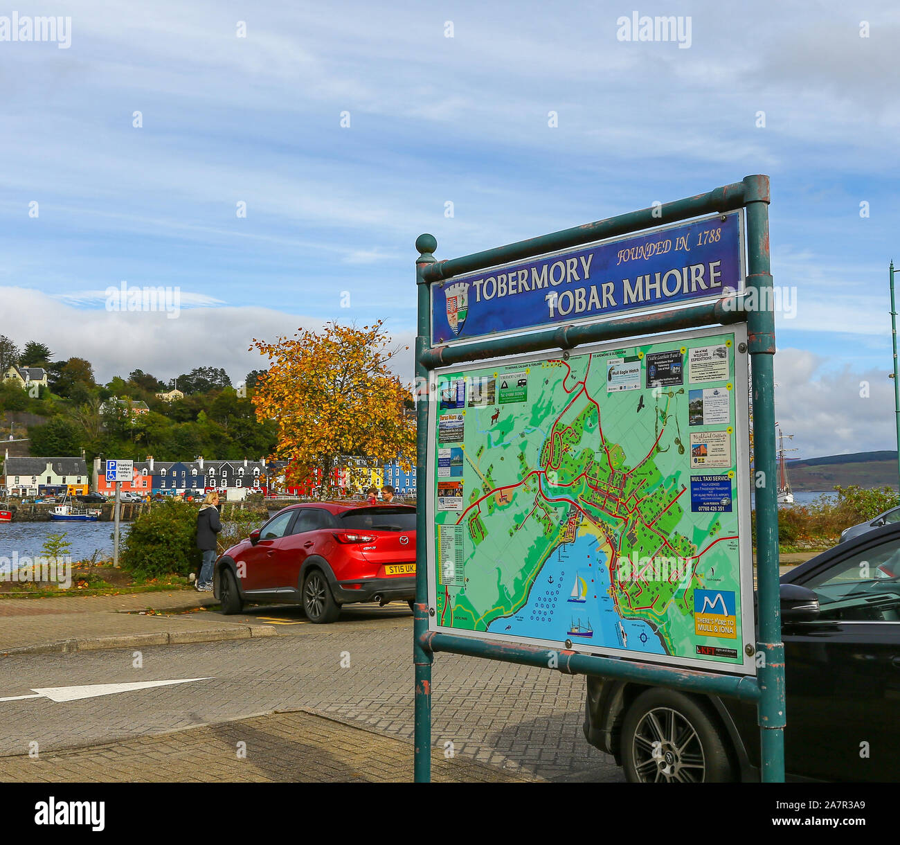 A map of the town at Tobermory, Isle of Mull in the Scottish Inner ...