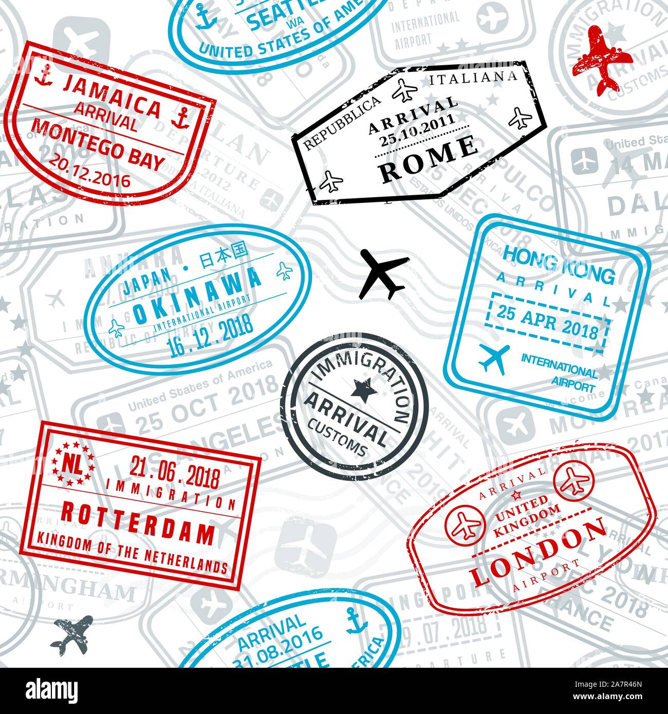 Seamless passport stamps vector background - travel stamp texture ...
