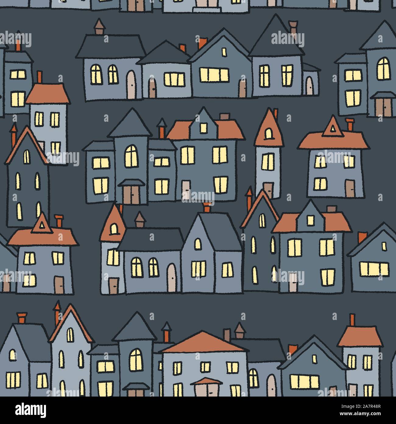 Vector seamless town - night lights textile pattern illustration Stock ...