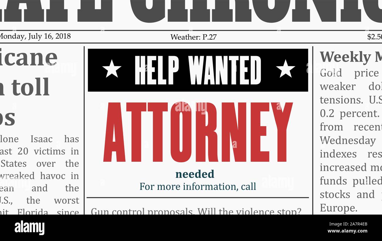 Attorney job offer. Newspaper classified ad in fake generic newspaper ...