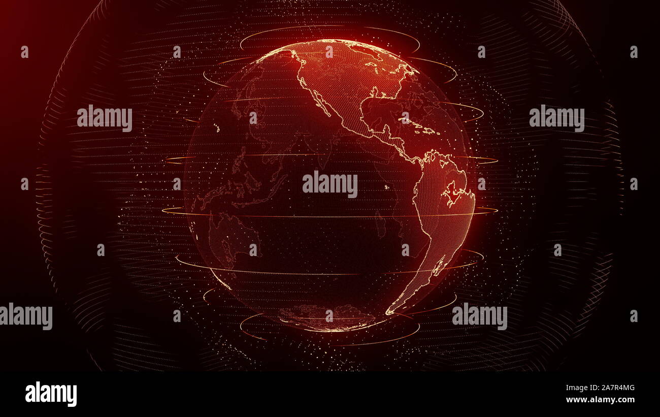 Futuristic Earth America skyline. Data network around planet in digital ...