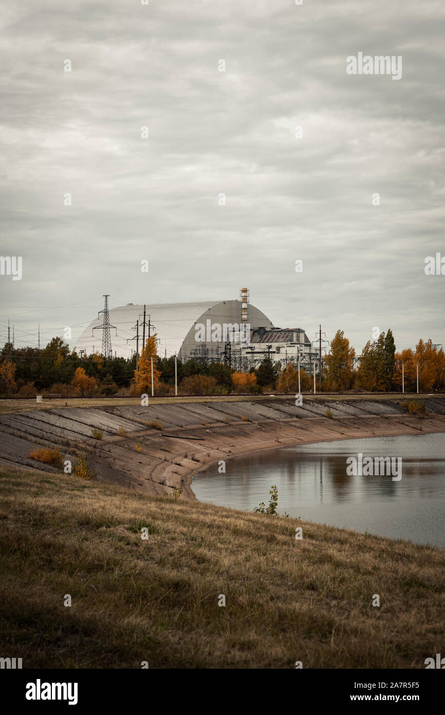 Close-up of safe confinement cover over Chernobyl nuclear reactor ...
